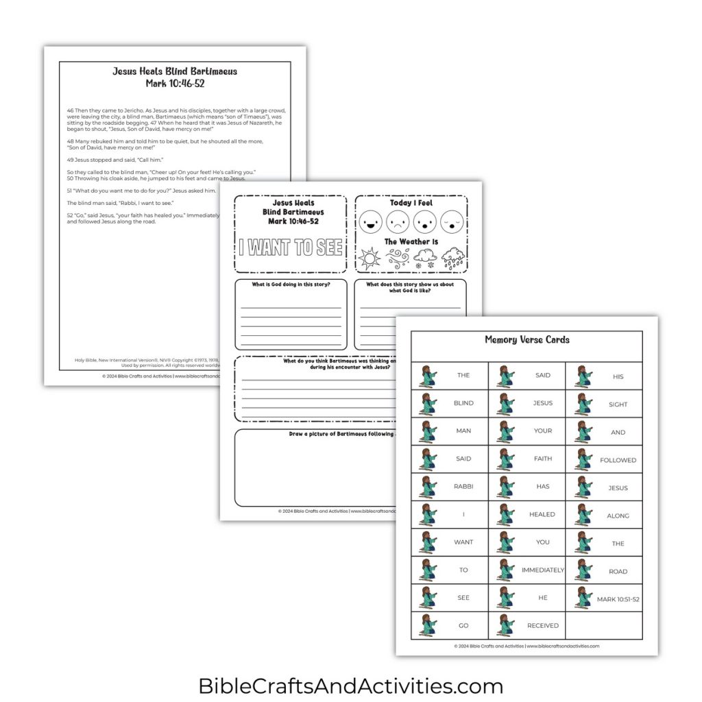 Jesus Heals Blind Bartimaeus Activity Pages - Bible Crafts Shop