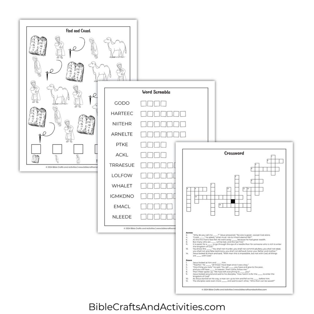The Rich and the Kingdom of God Activity Pages - Bible Crafts Shop