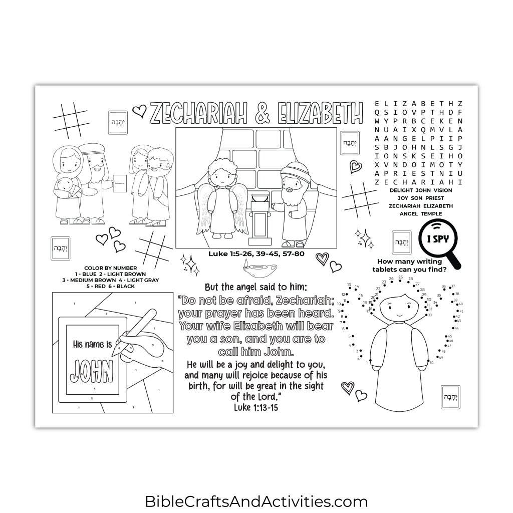 Zechariah & Elizabeth Activity Sheet - Bible Crafts Shop