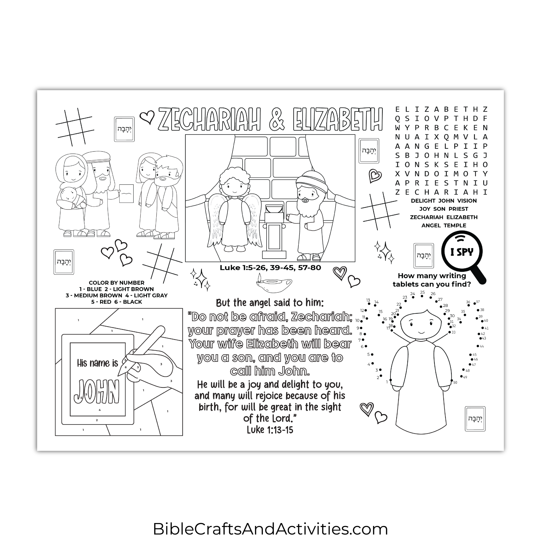 Zechariah & Elizabeth Activity Sheet - Bible Crafts Shop