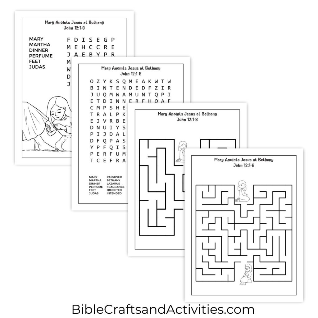 Mary Anoints Jesus at Bethany Activity Pages - Bible Crafts Shop