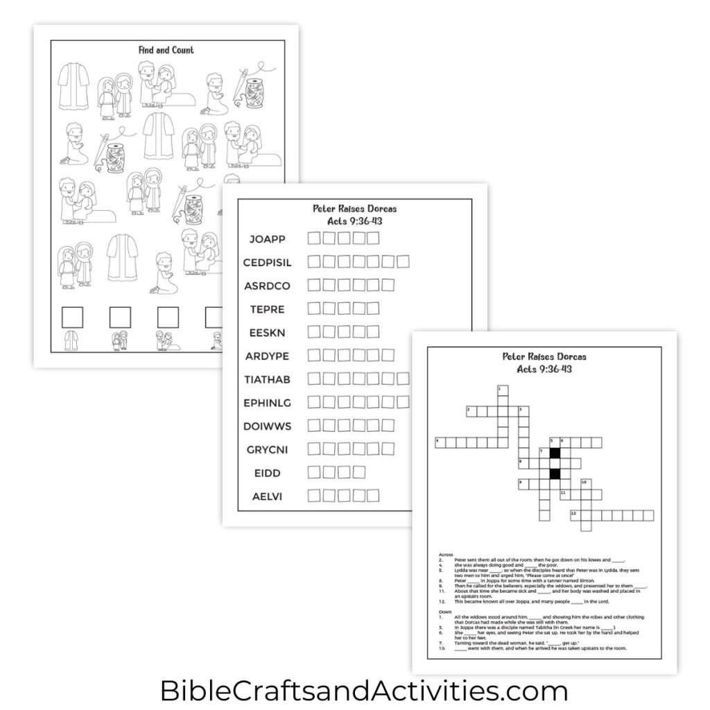 Peter Raises Dorcas Activity Pages - Bible Crafts Shop