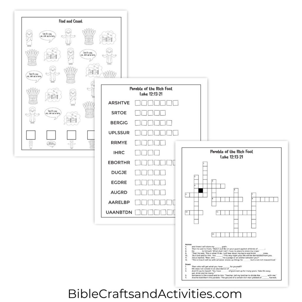 Parable of the Rich Fool Activity Pages - Bible Crafts Shop