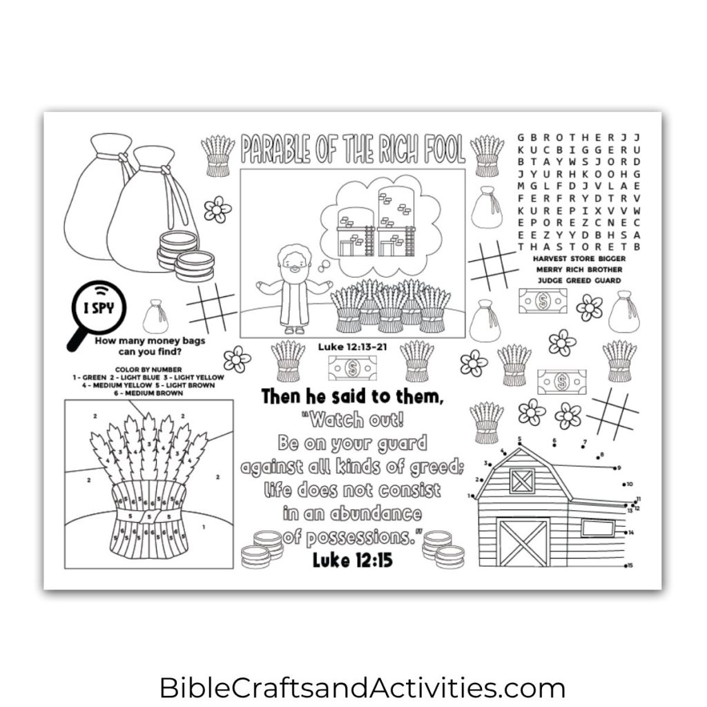 Parable of the Rich Fool Activity Sheet - Bible Crafts Shop